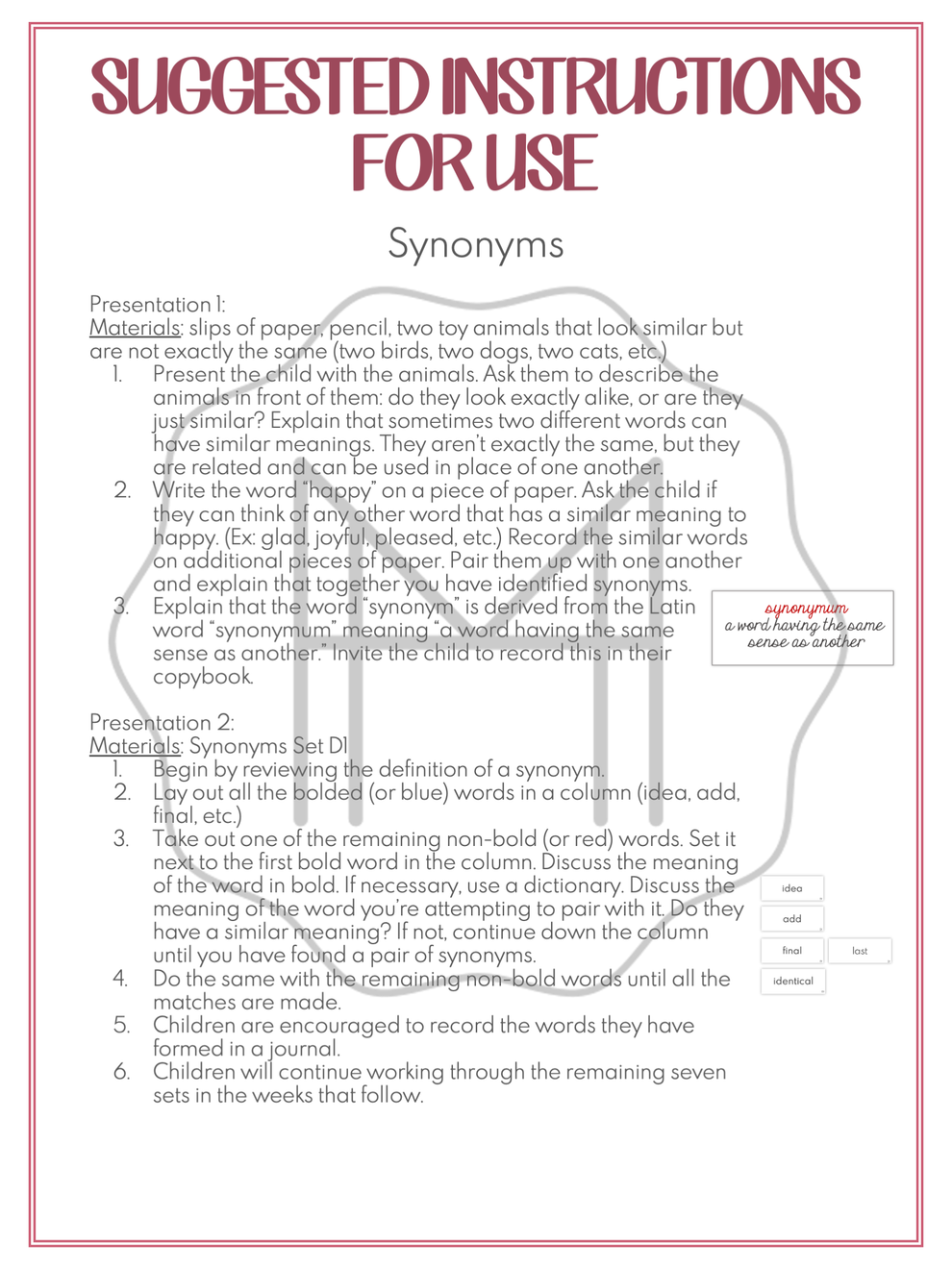 Word Study: Synonyms Matching Cards – themodernmontessoriguide