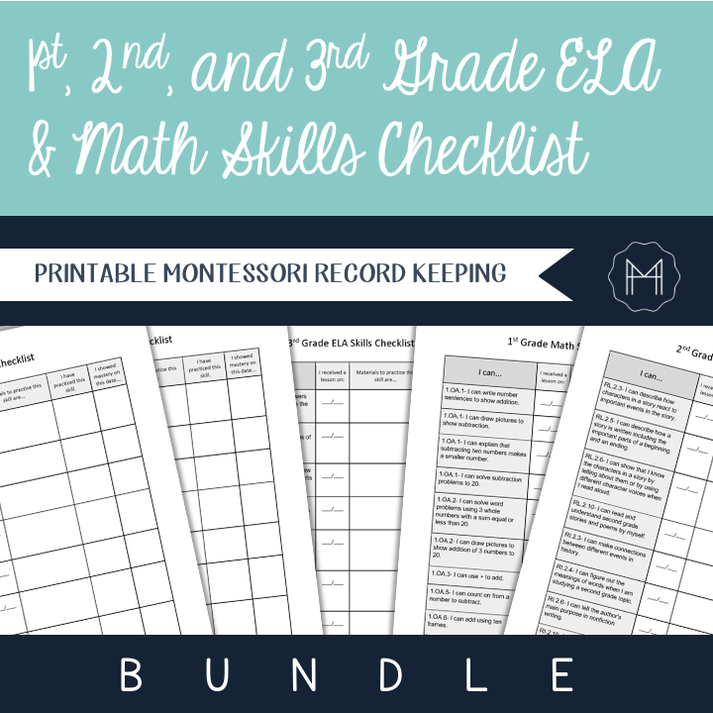 BUNDLE! 1st-3rd Grade Math & ELA Skills Checklist- Montessori Record K ...