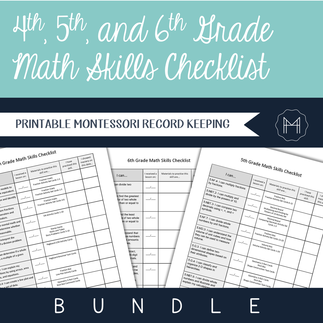 BUNDLE! 4th-6th Grade Math Skills Checklist- Montessori Record Keeping ...