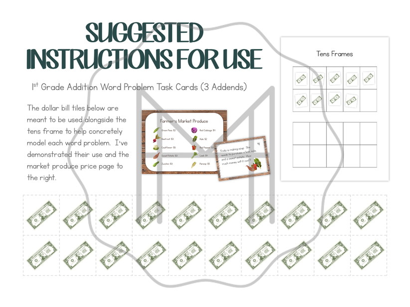 Farmer’s Market 1st Grade Addition Word Problem Task Cards- 3 Addends ...